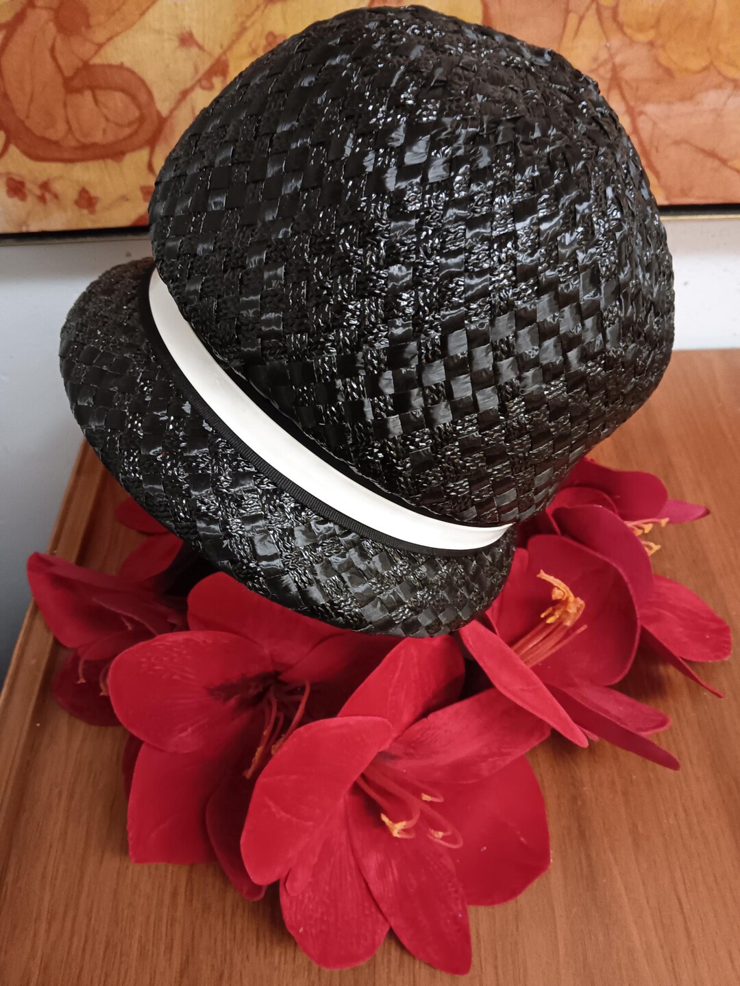 VINTAGE NAVY WOVEN Straw Bobby Style Hat With Ribbon 1960's - Etsy