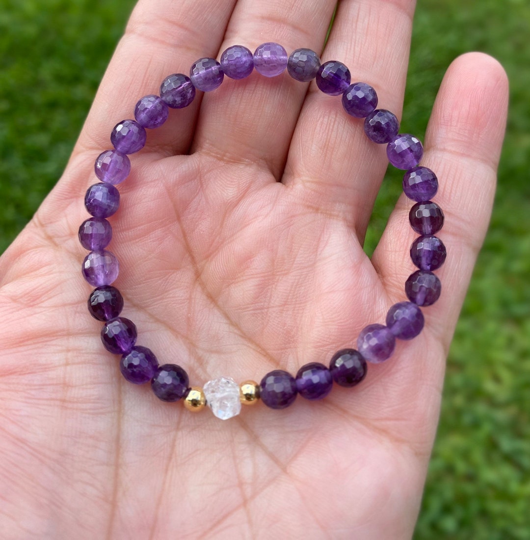 AAA Faceted Amethyst Bracelet With Herkimer Diamond Genuine Amethyst Unisex Bracelets Crown Chakra Crystals Healing Beaded Bracelets Etsy