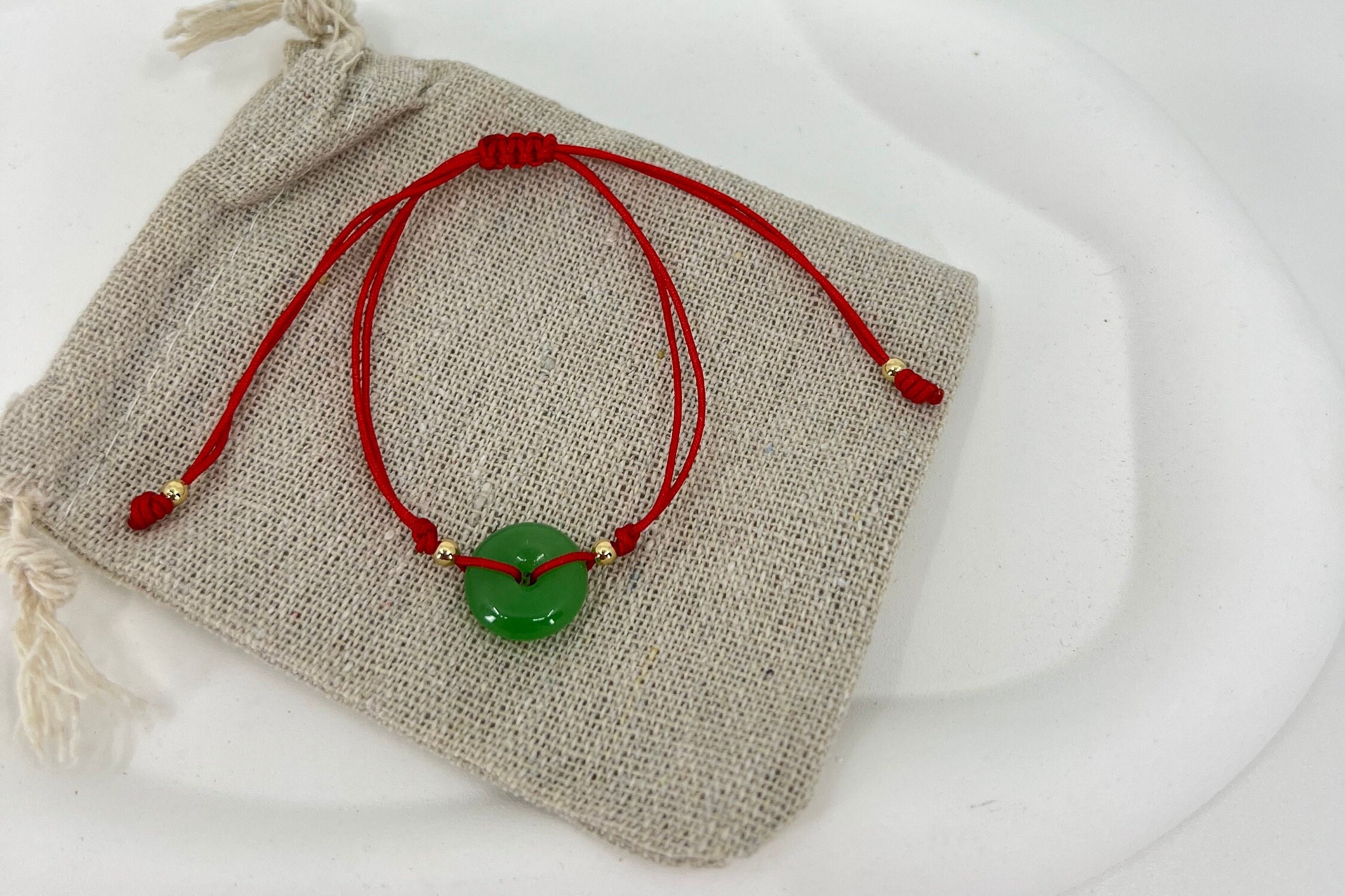 Jade Donut Bracelet: Red String, 18K Gold Filled Beads, Good Luck ...