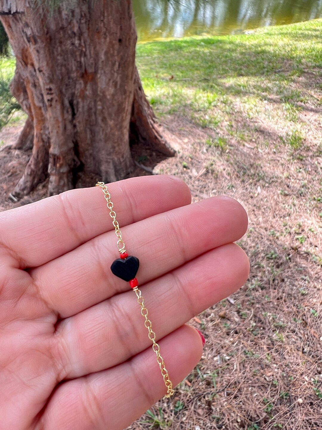 Genuine Azabache Bracelet • Azabache Heart Chain• Delicate Gold ...