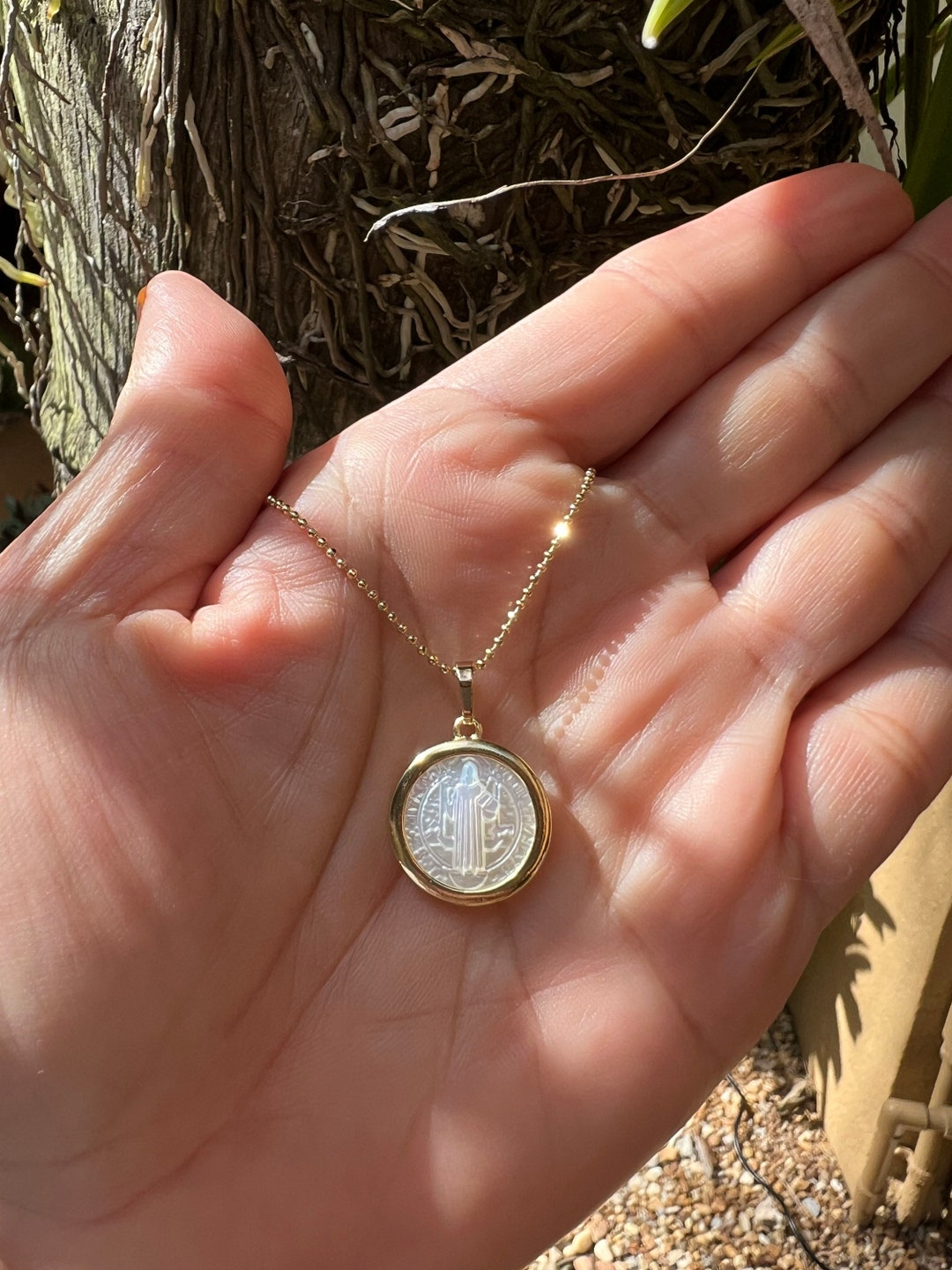 18 K Goldfilled Saint Benedict Necklace Mother of Pearl Saint ...