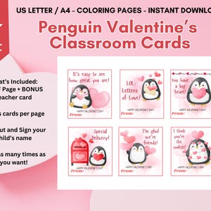 Penguin Valentine's Cards, Printable Kid's Valentine's Day Cards, 6 per ...