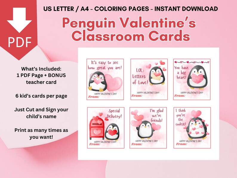 Penguin Valentine's Cards, Printable Kid's Valentine's Day Cards, 6 per ...