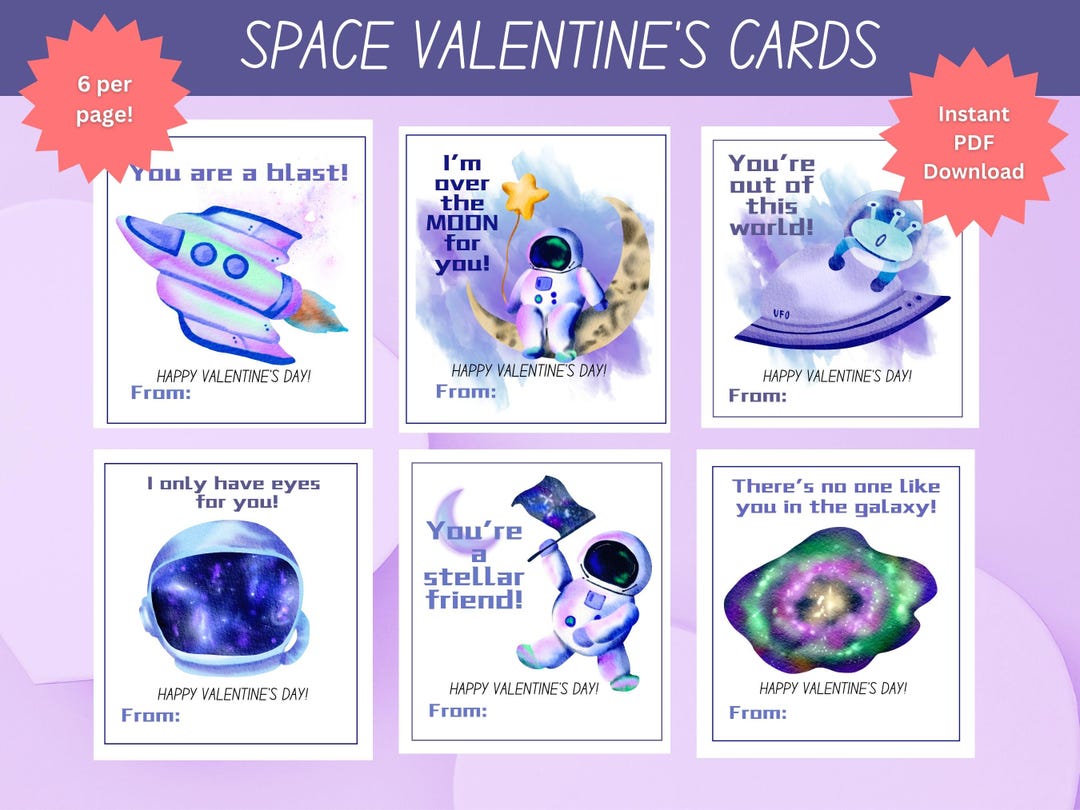 Space Valentine's Cards, Printable Kid's Valentine's Day Cards, 6 per ...