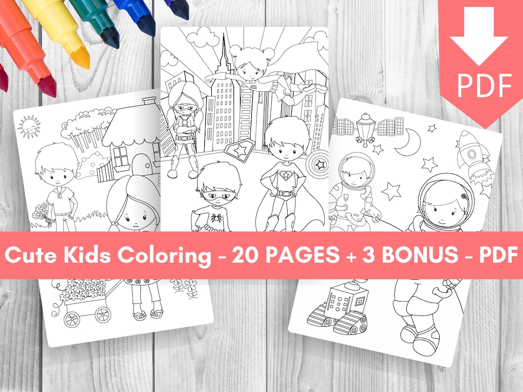 Cute Kids Coloring Pages, Printable 20 Pages + 3 Bonus Digital Download ...