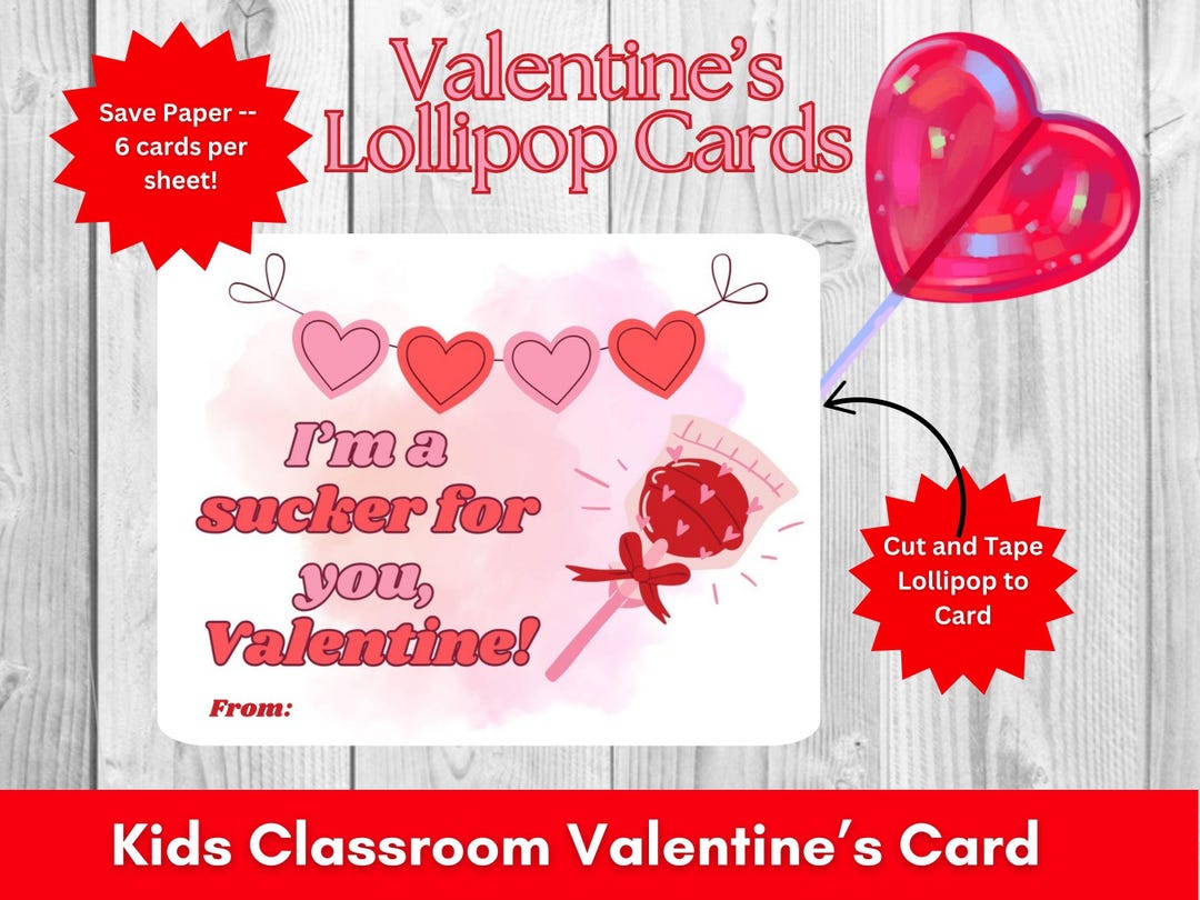 Lollipop Valentine's Cards, Printable Kid's Valentine's Day Cards, 6 ...