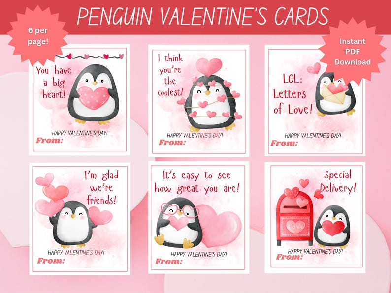 Penguin Valentine's Cards, Printable Kid's Valentine's Day Cards, 6 per ...