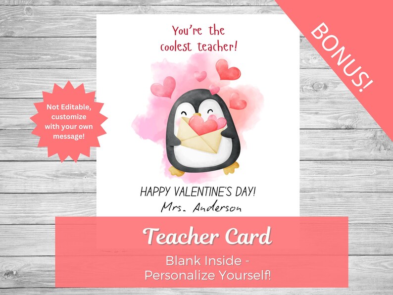 Penguin Valentine's Cards, Printable Kid's Valentine's Day Cards, 6 per ...
