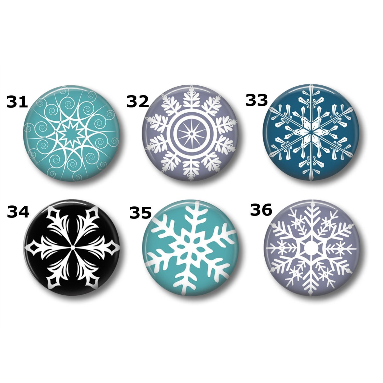 Snowflake Magnets or Pins, Choose Your Own Set of 6, Snowflake Buttons ...