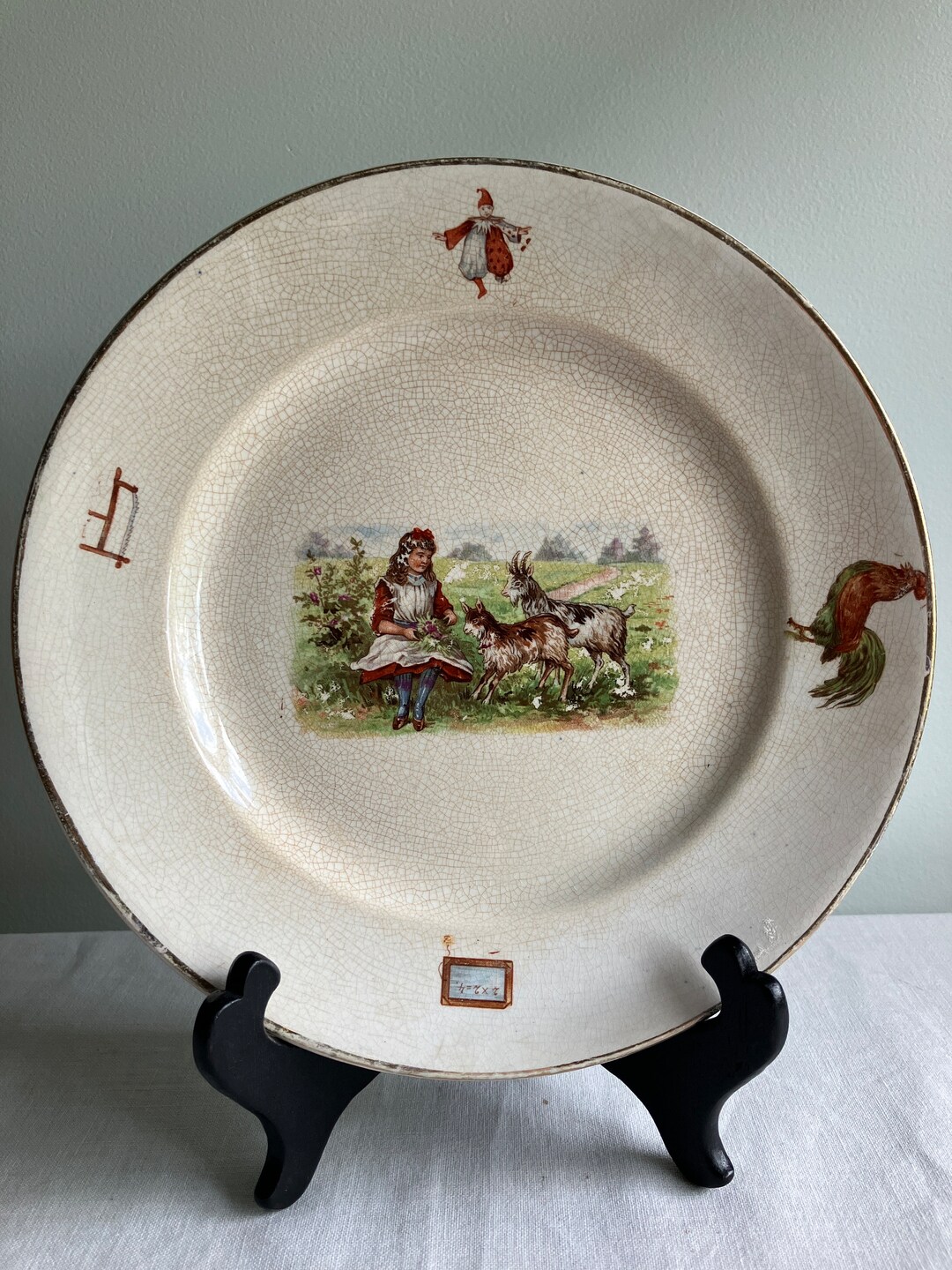 Sweet Antique Plate With Girl Feeding GOATS, Distressed Stained Crazed ...