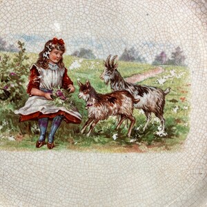 Sweet Antique Plate With Girl Feeding GOATS, Distressed Stained Crazed ...