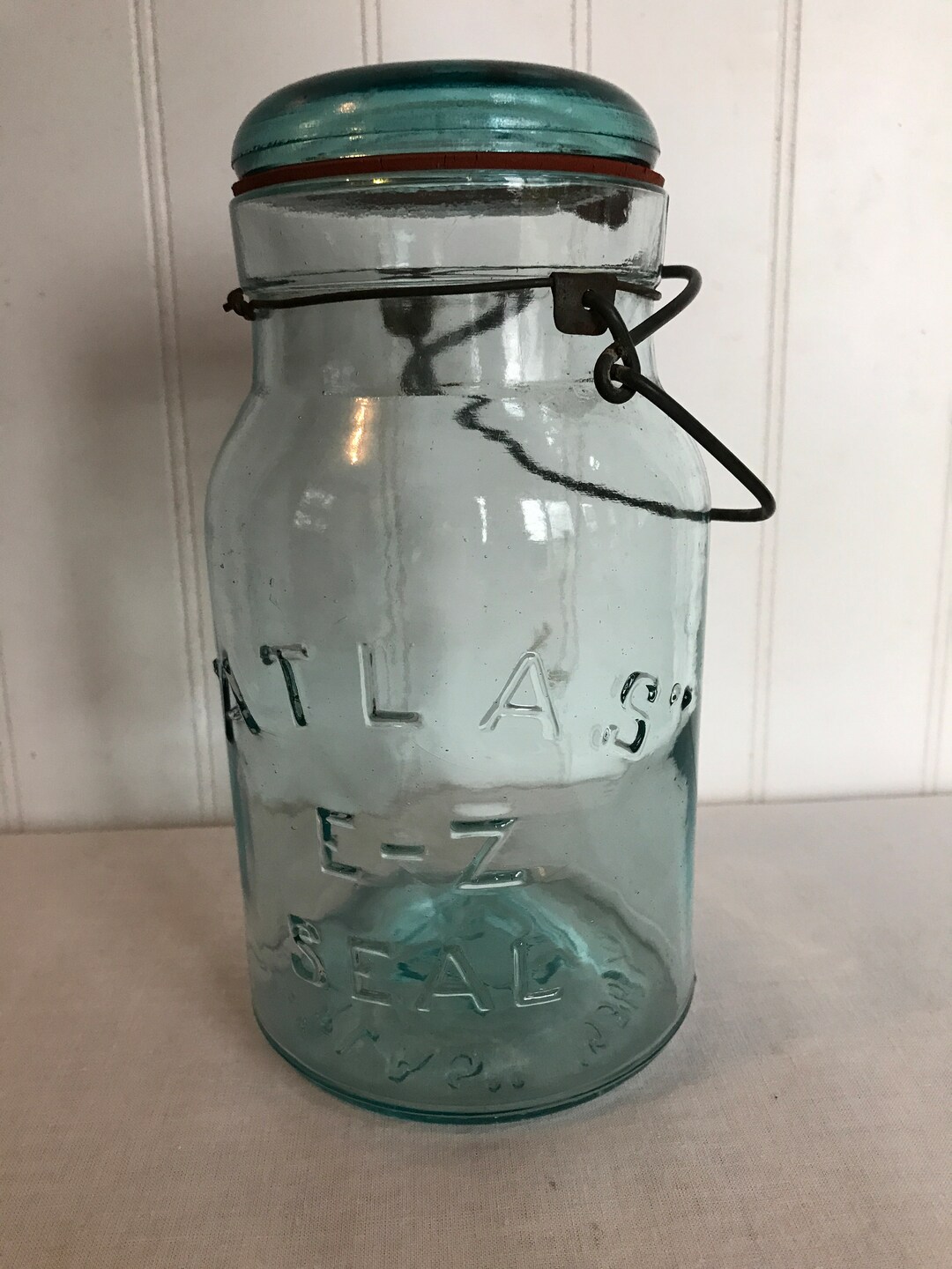 Vintage Quart Light Blue Atlas E-Z Seal Mason Jar, Glass Lid and Wire ...
