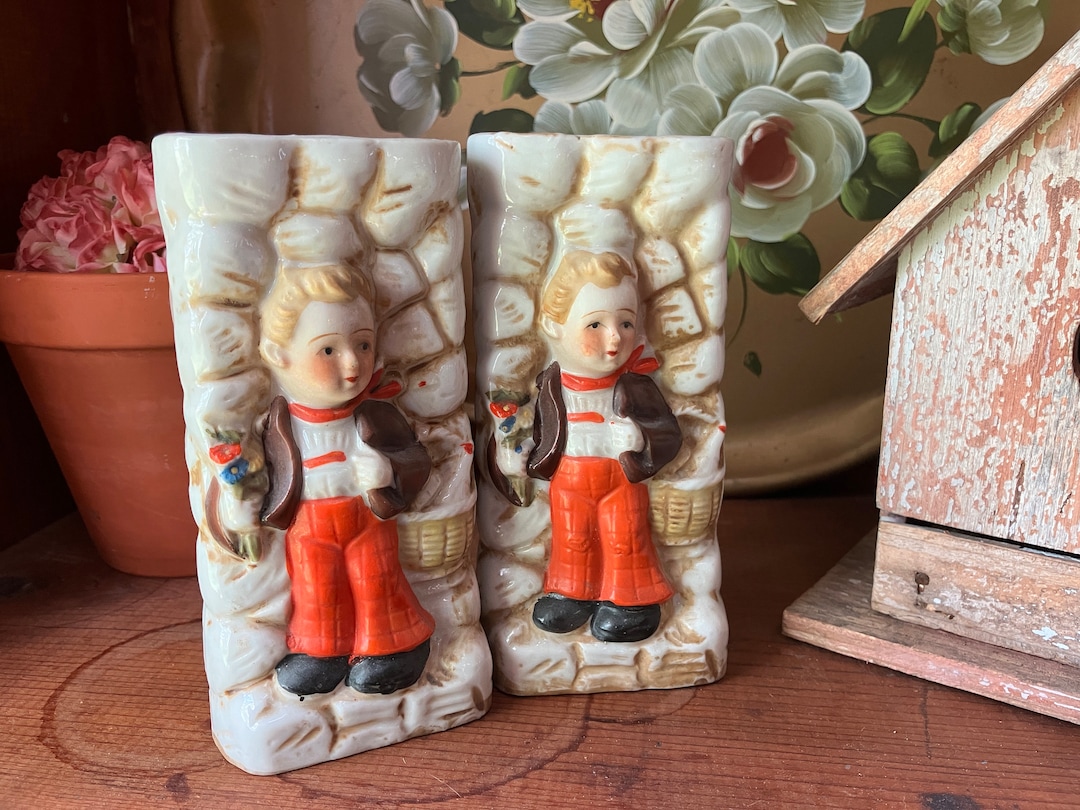 Vintage Wall Pockets, Set of 2 Boy With Basket & Flowers Wall Vase ...