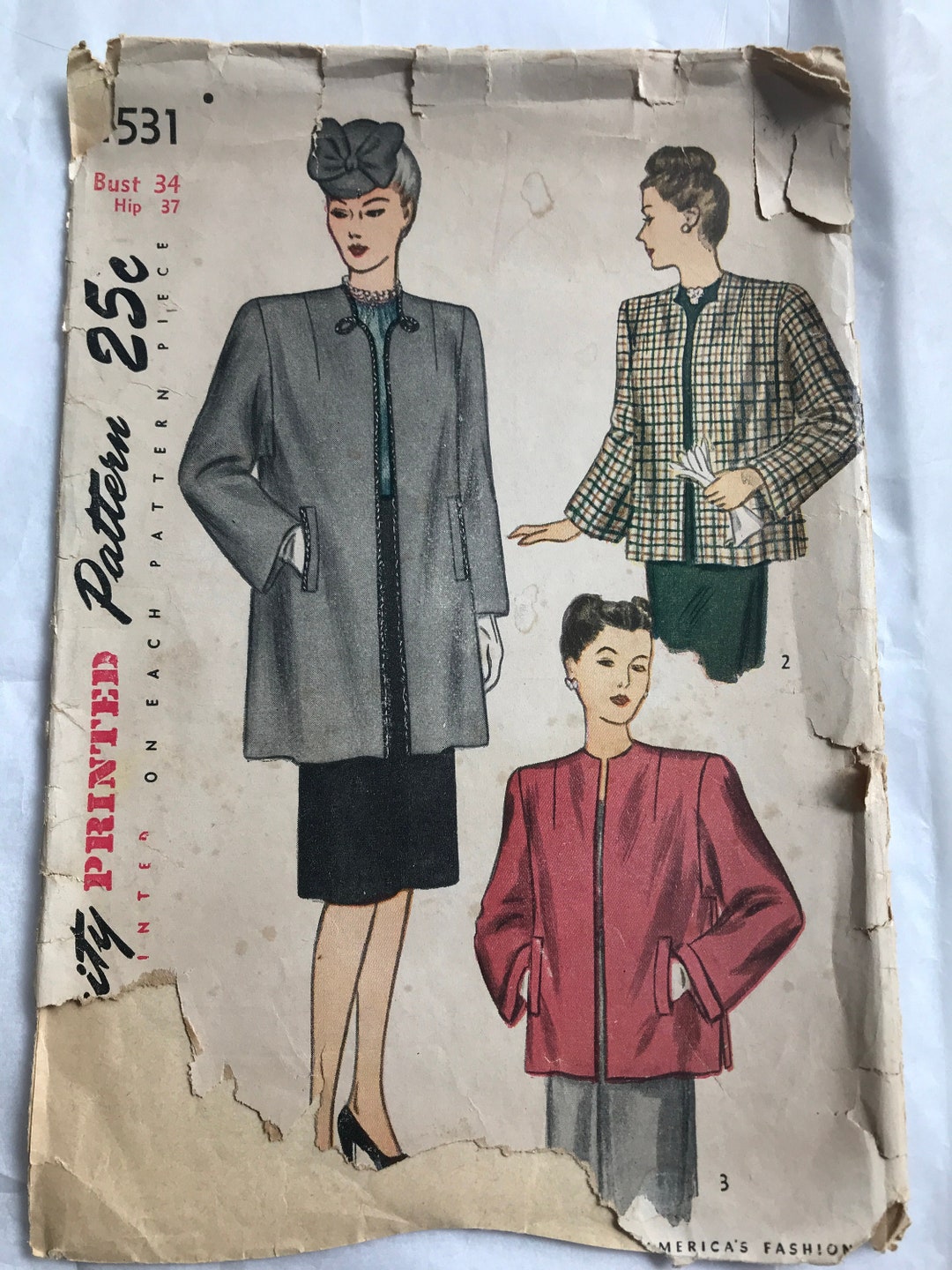 Vintage 1940's Simplicity 1531 Women's Waist Coat 3/4 Coat Boxy Coat ...