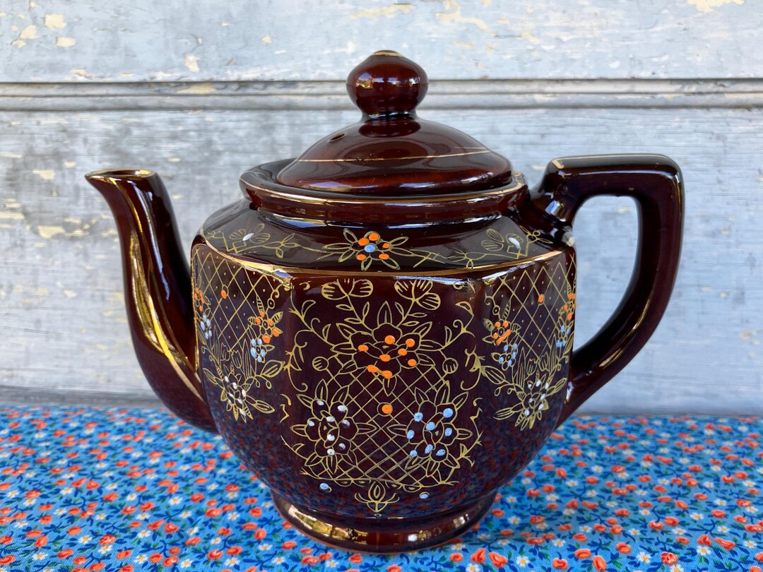 Vintage Mid Century Moriage Style Beaded Redware Teapot, Brown Betty ...