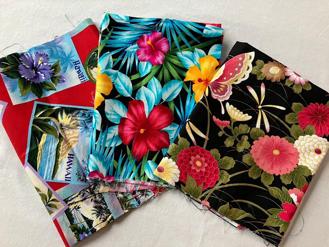 Lot of 3 Hawaiian/asian Print Fabric Yardages, Quilting Fabric ...