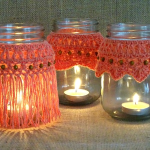 3 X PDF Crochet Candle Cozy Pattern | Crocheted Mason Jar Covers ...