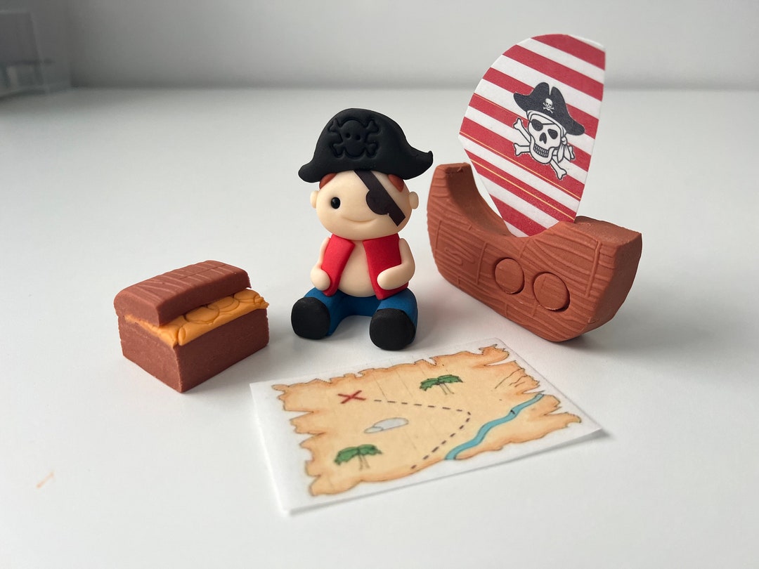 4x Edible Pirate Cake Toppers Set Personalised Ship Bag Map Birthday ...