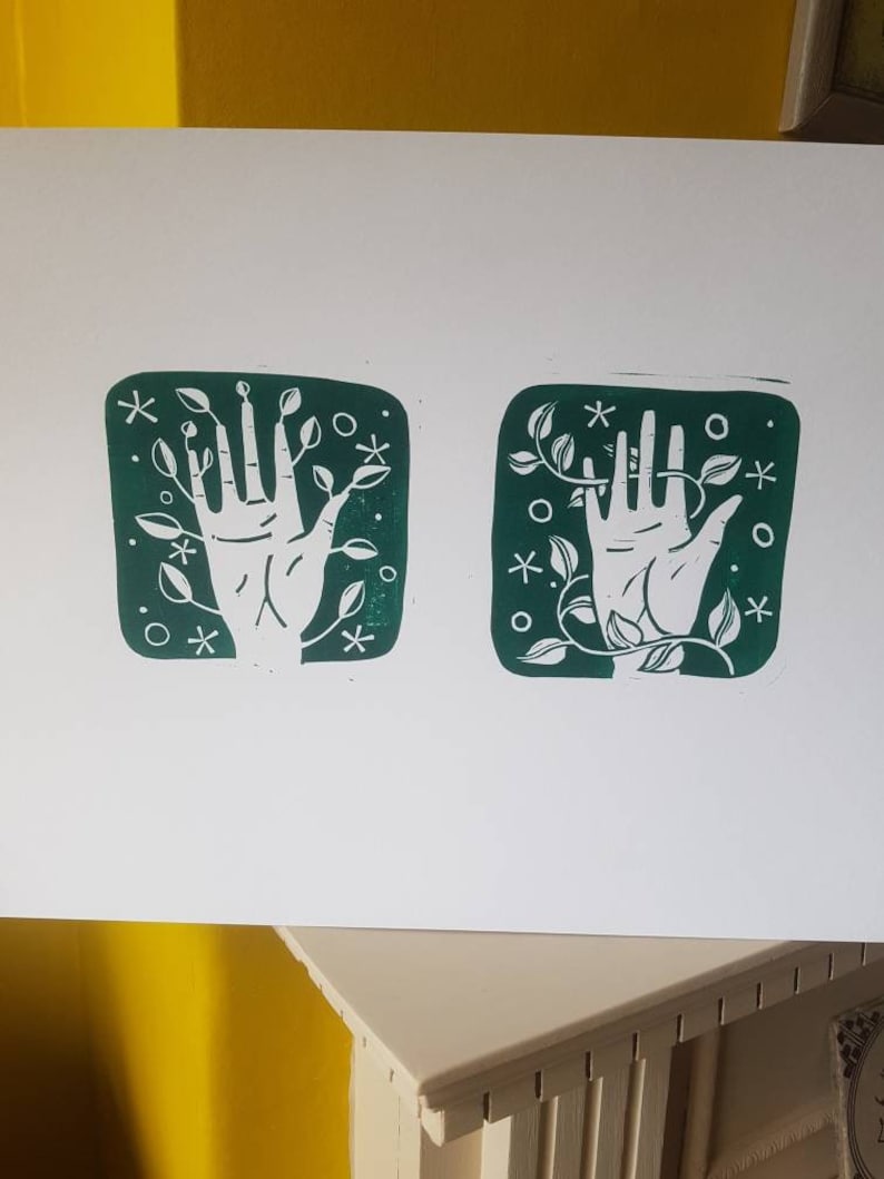 Linocut 'hand and Nature' Hand Made Print Green - Etsy