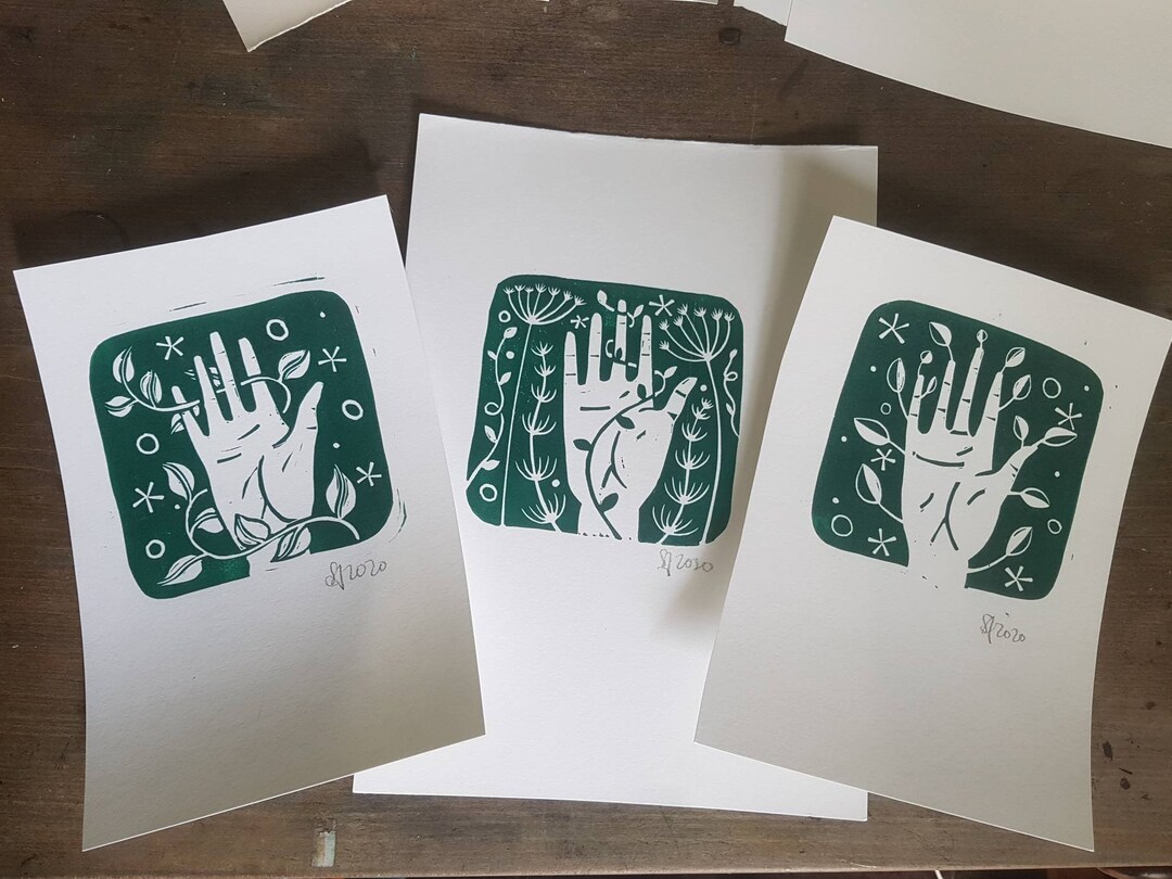 Linocut 'hand and Nature' Hand Made Print Green - Etsy