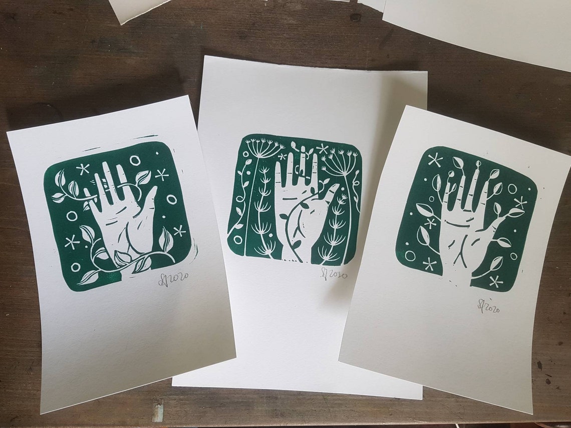 Linocut 'hand and Nature' Hand Made Print Green - Etsy