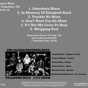 The Allman Brothers Live at the Fillmore West 1970 Jan 16 LTD CD OOP ...
