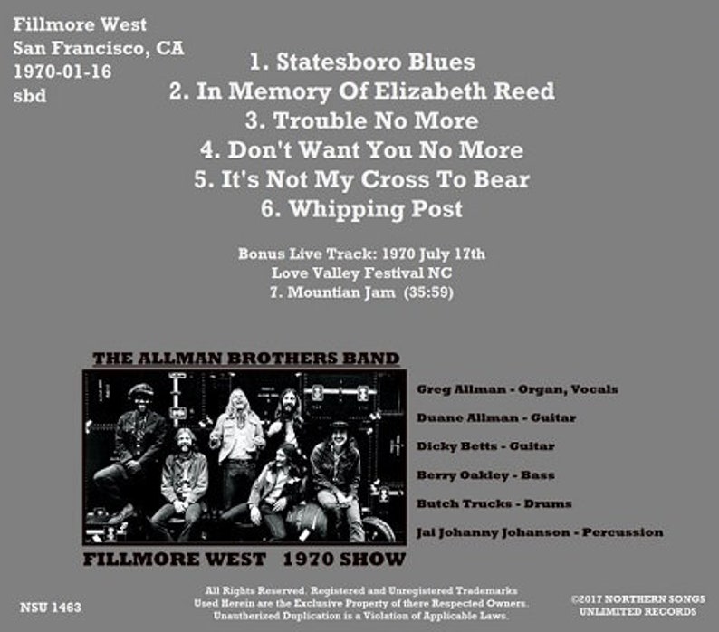 The Allman Brothers Live at the Fillmore West 1970 Jan 16 LTD CD OOP ...