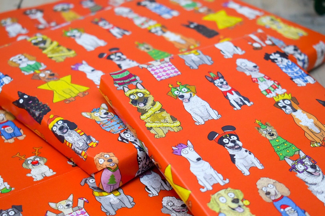 Christmas Dog Wrapping Paper, Cartoon Dog Gift Wrap, Red Gift Wrapping ...