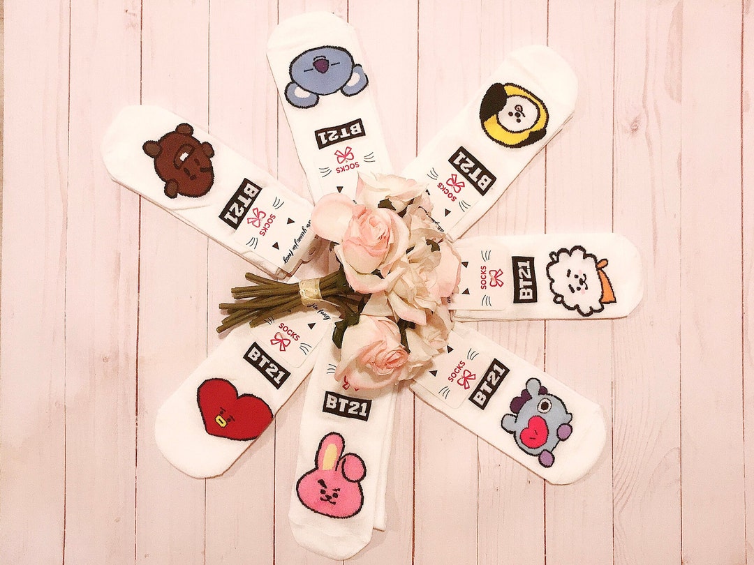 BTS BT21 Character Girls Cotton Knit Ankle Socks, White, Cute Gift ...