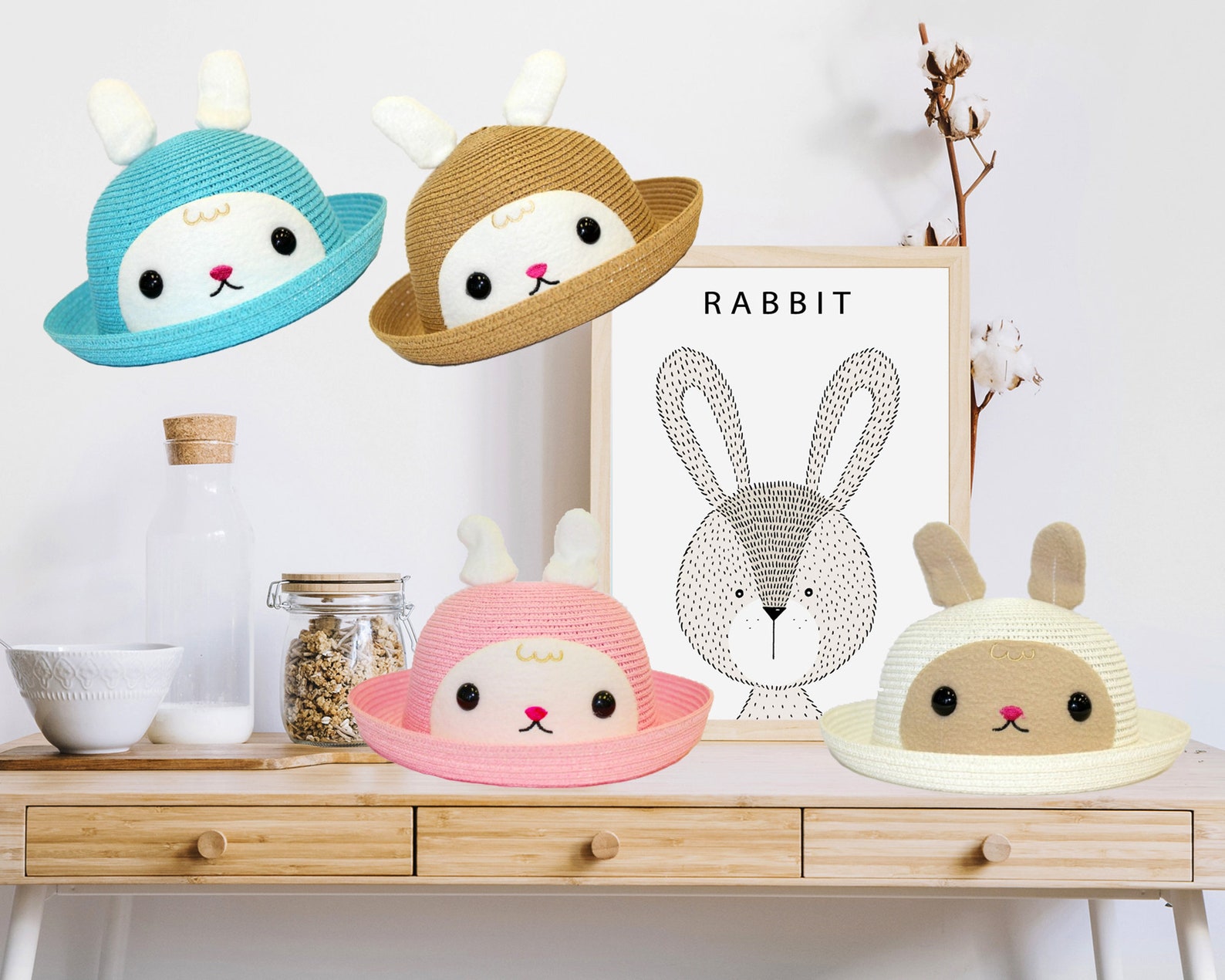 Straw Bowler Hat Bunny Rabbit Kid Unisex Boy Girl Blue | Etsy