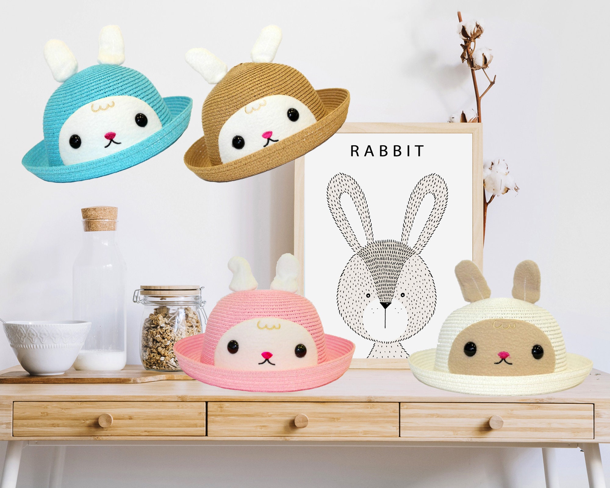 Straw Bowler Hat Bunny Rabbit Kid Unisex Boy Girl Blue | Etsy