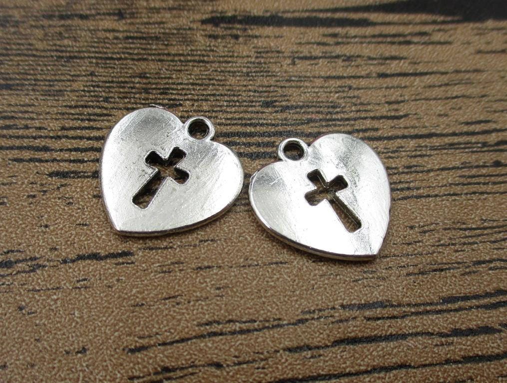 20 Heart Charms With Cross Middleantique Silver Tone-rs731 - Etsy