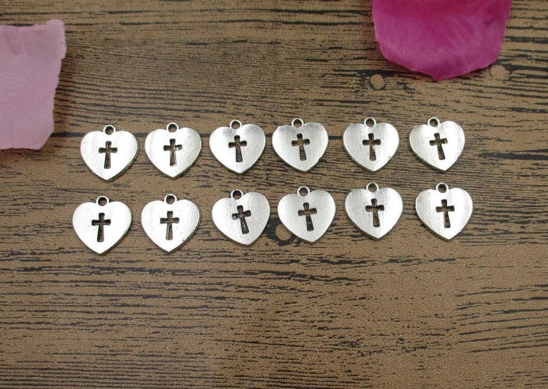 20 Heart Charms With Cross Middle,antique Silver Tone-rs731 - Etsy