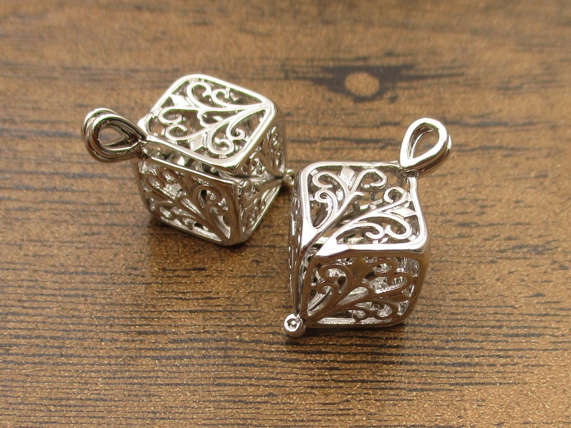 2 Antique Silver Tone Cube Cage Pendants, 8mm Pearl Charms - Etsy