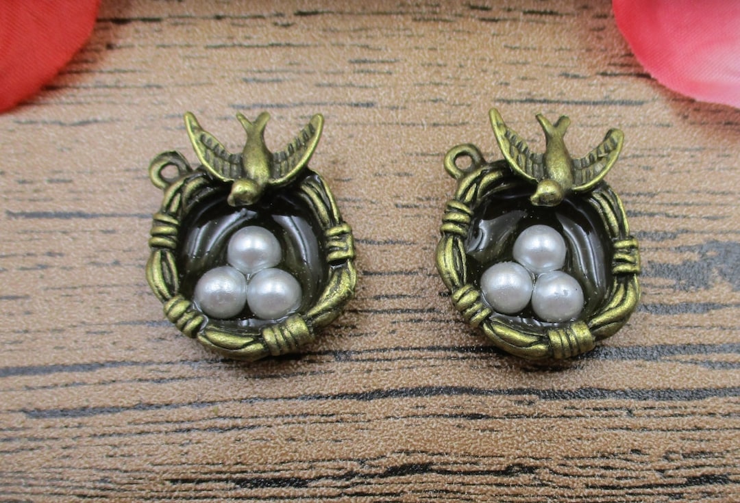 4 Bird Nest Charms ,bronze Tone With 3 Pearls -RS125 - Etsy