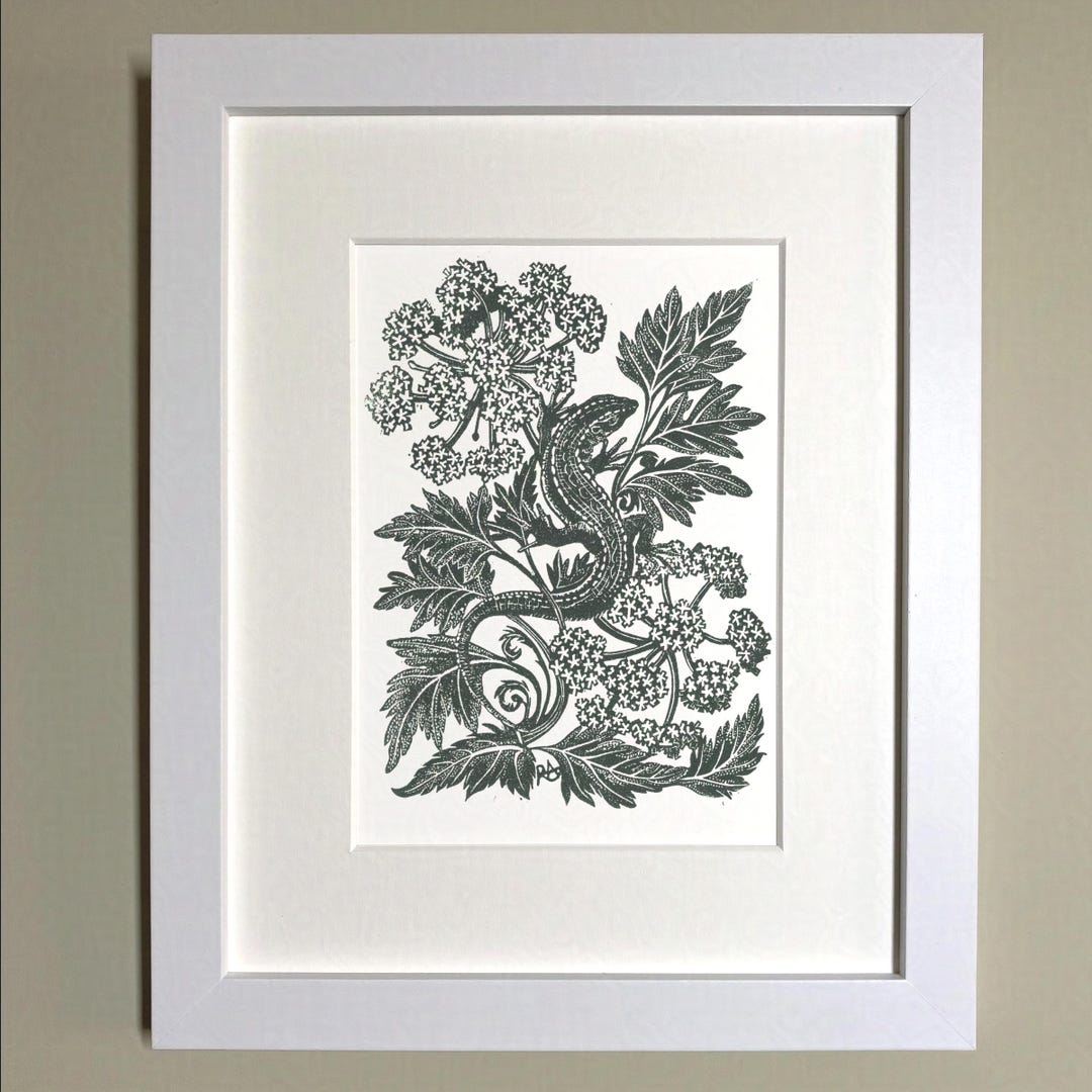 Botanical Print, Original Lizard Linocut for Renewal, Prosperity and ...