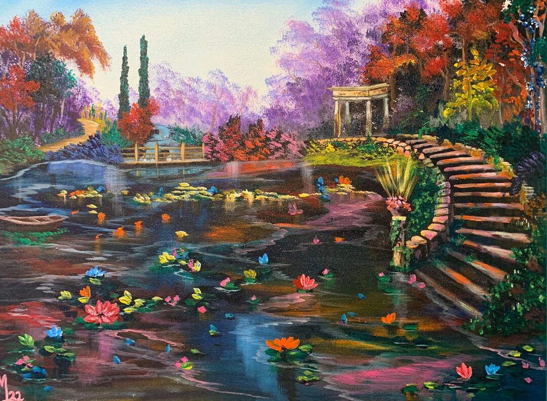 Garden Pond Acrylic Painting: Lily Pads, Stone Steps, 18x24 - Etsy