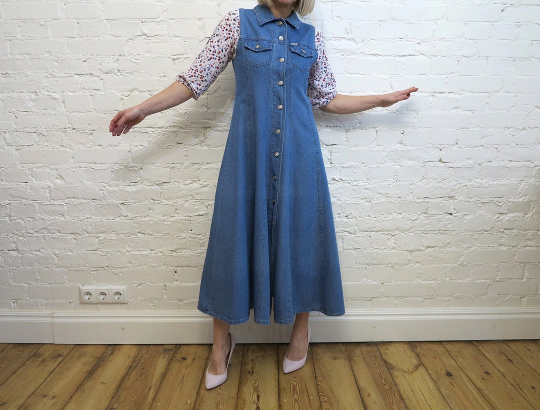Blue Denim Maxi Dress Cotton Jeans Sleeveless Dress Flare Long - Etsy