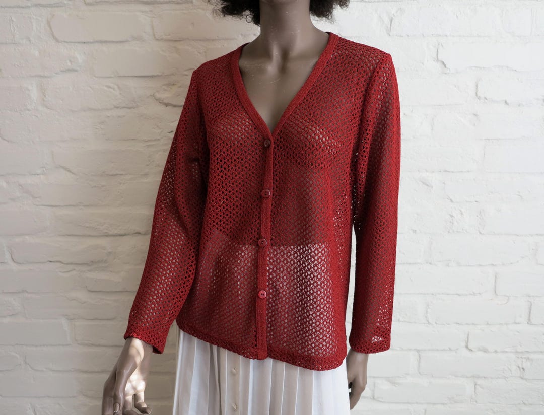 TAIKA Crimson Red Crocheted Jacket Long Sleeves Crochet Summer Top ...
