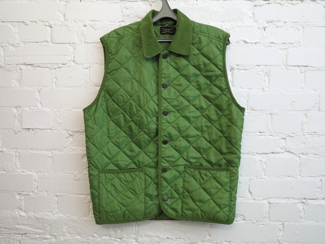 Vintage Mens Green Quilted Vest Womens Padded Vest Warm Waistcoat Push ...