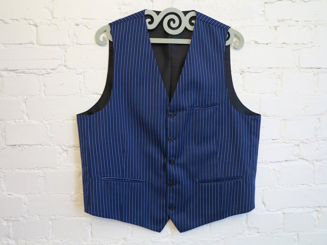 Mens Dark Blue Striped Vest Wool Blend Formal Fitted Vest Edwardian ...