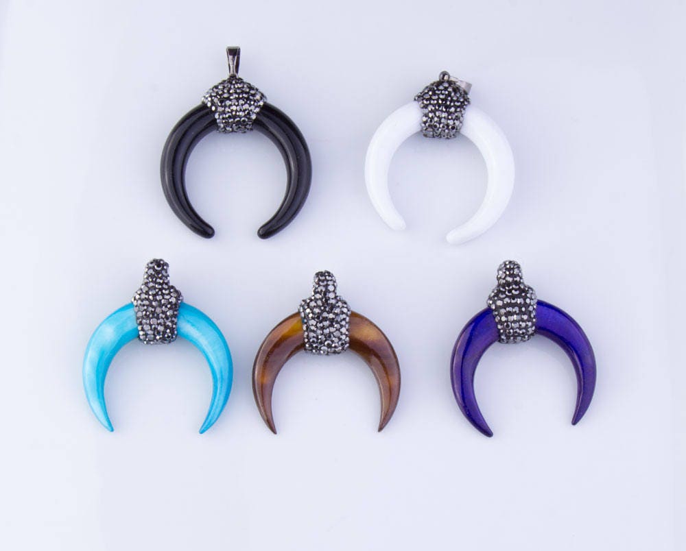 2pcs-crescent Moon Horn Pendant, Double Horn, Pave Pendant, Mother of ...