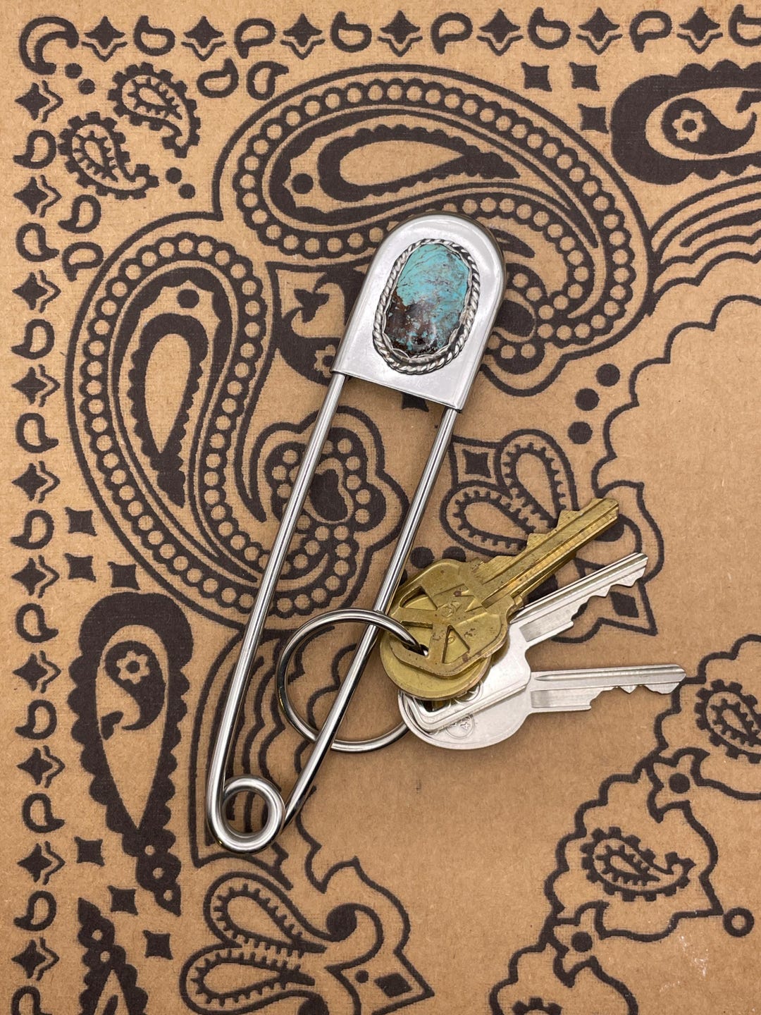 Bo-jumbo Safety Pin Keychain With Turquoise - Etsy