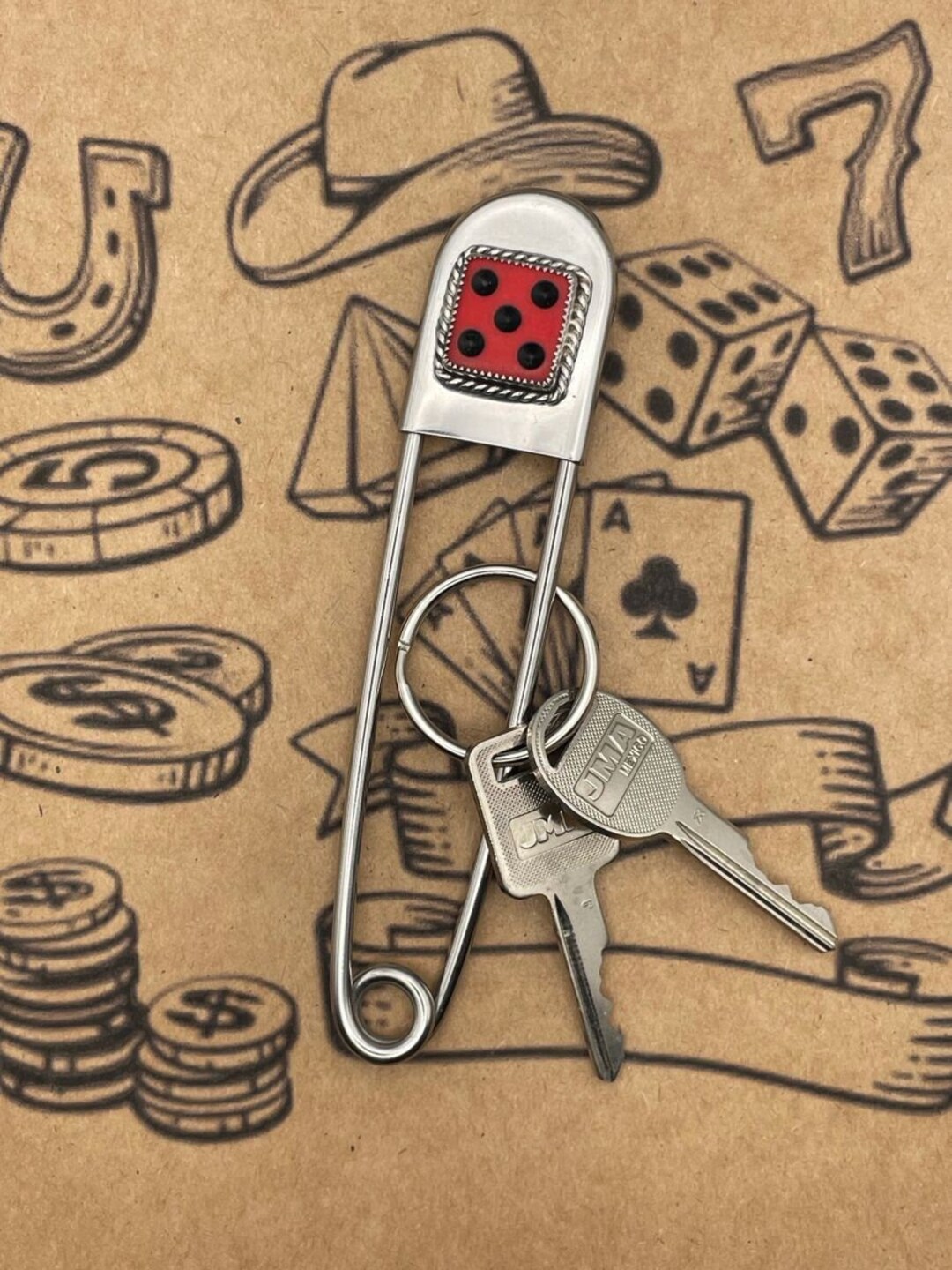 Yuma-jumbo Safety Pin Keychain With Red Dice Number 5 - Etsy