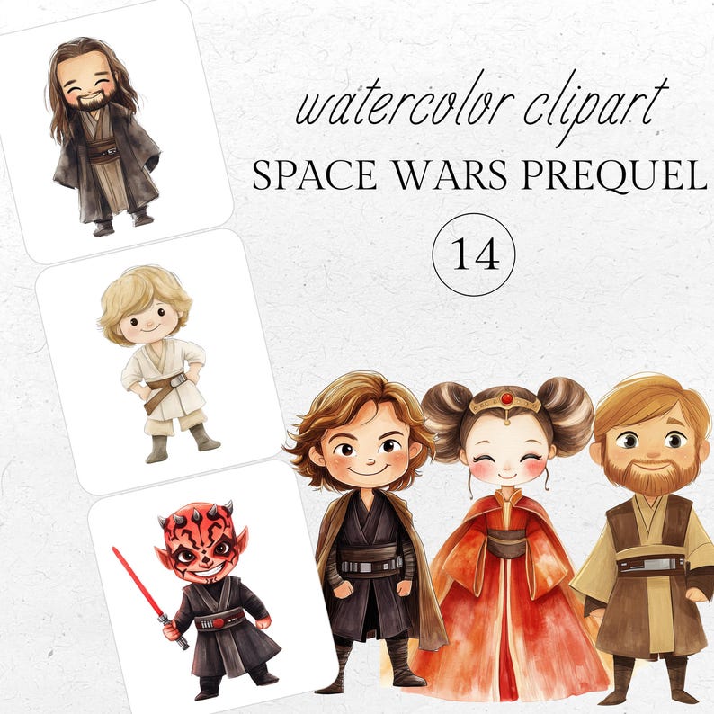 Cute Space Wars Prequel Clipart Set, Space Themed Clipart, Cute Jedi ...