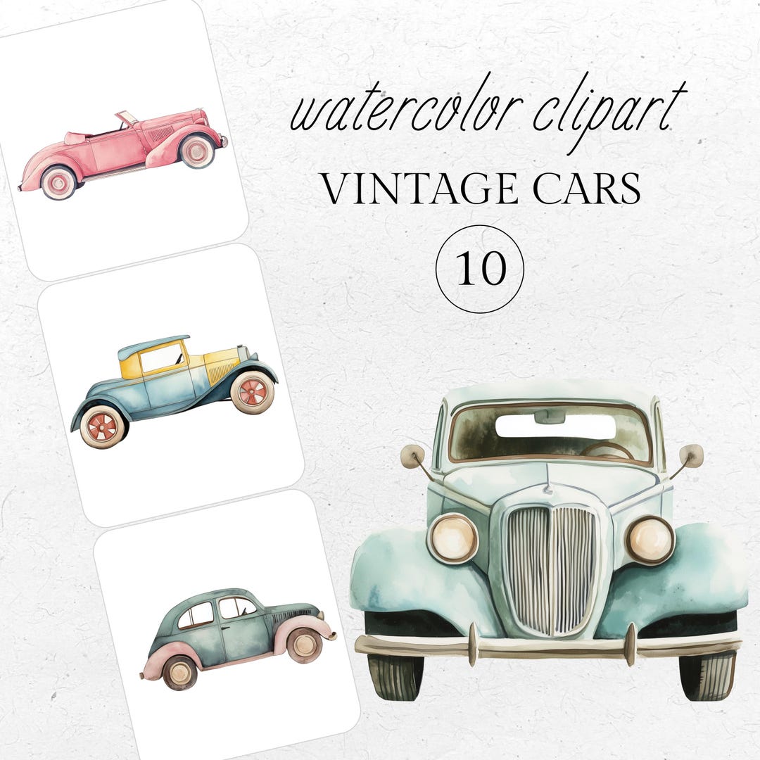Vintage Car Watercolor Clipart: Retro Automobile PNG (digital Download ...