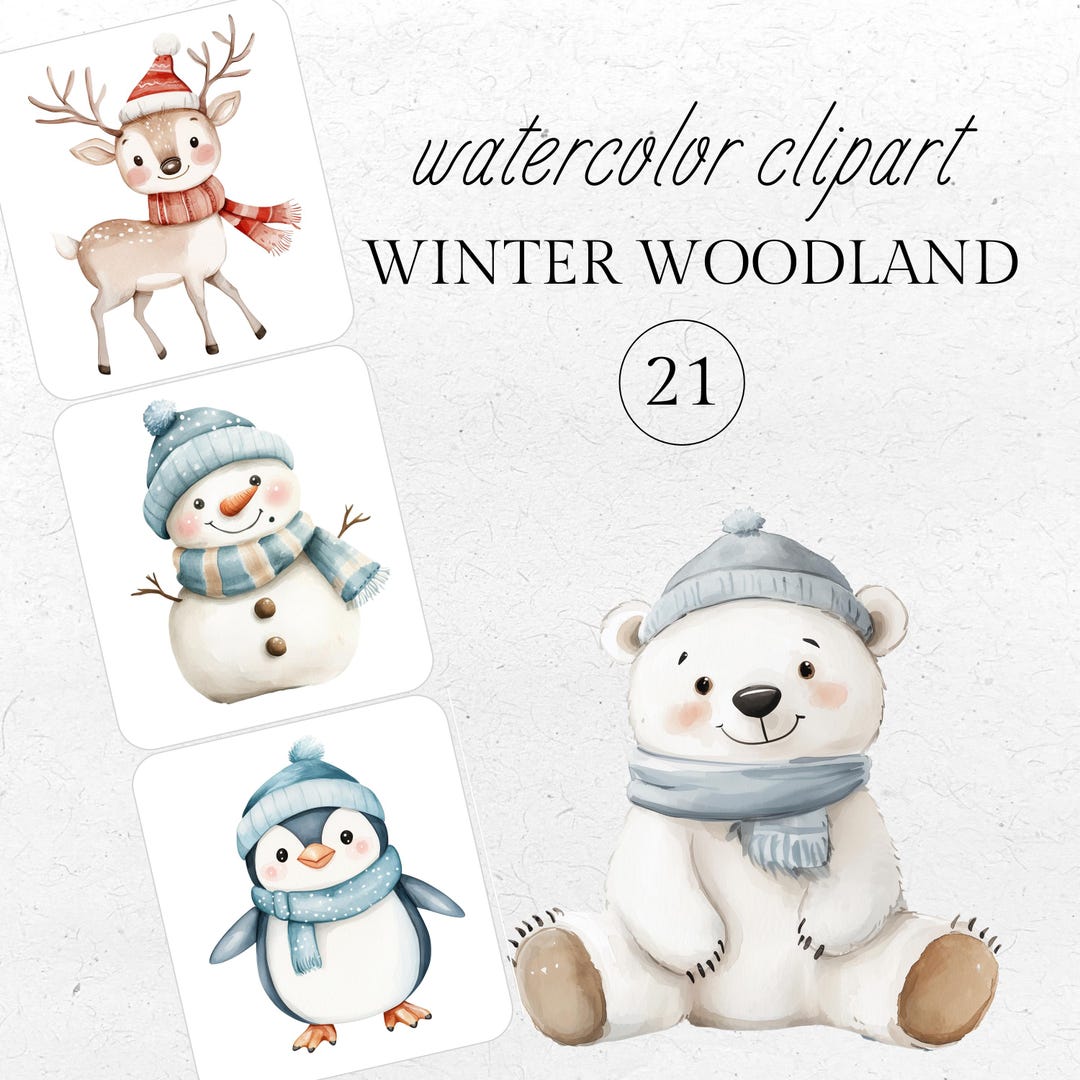 Winter Woodland Animals Watercolor Clipart: Snow Scene (digital ...
