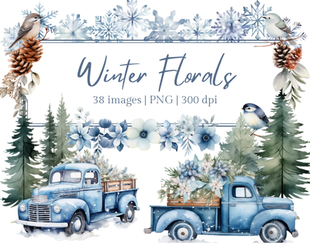 Watercolor Winter Clipart, Blue Truck Clipart, Winter Bird, Winter ...