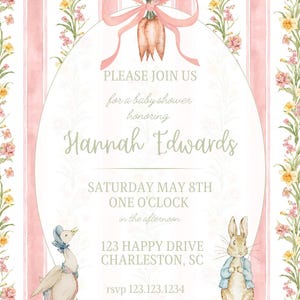 Pink Floral Striped Peter Rabbit Invitation L Baby Shower L Birthday L ...