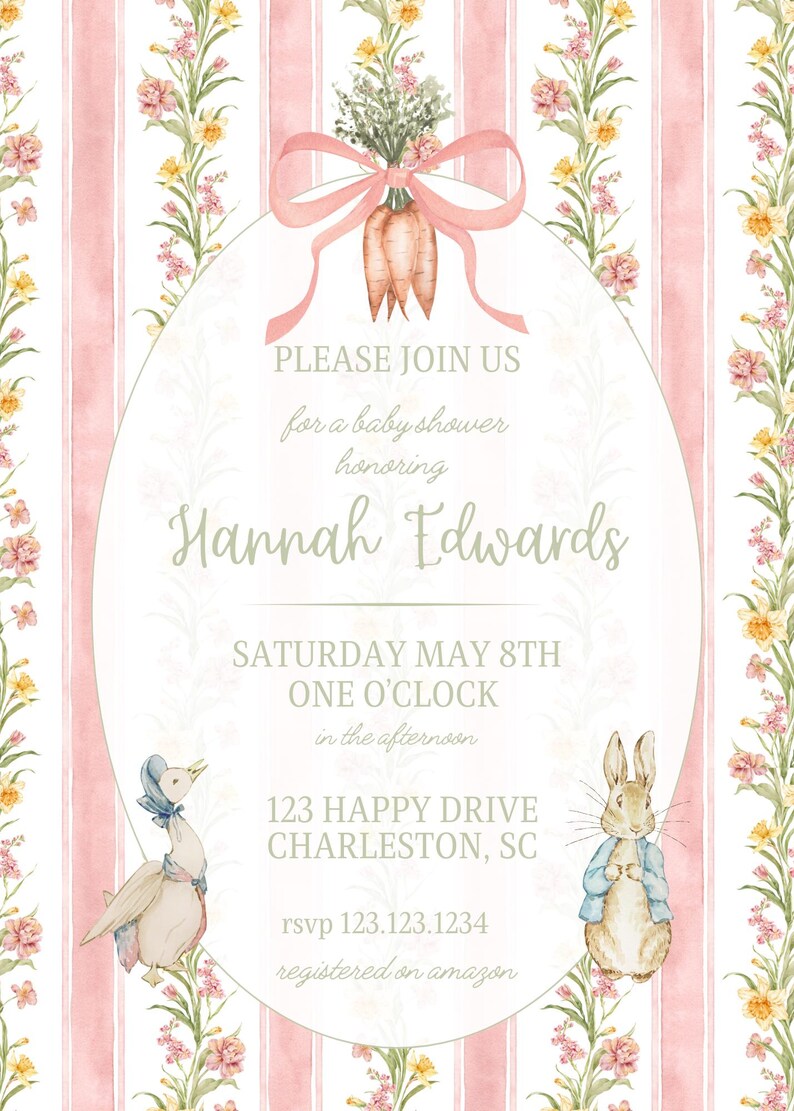 Pink Floral Striped Peter Rabbit Invitation L Baby Shower L Birthday L ...